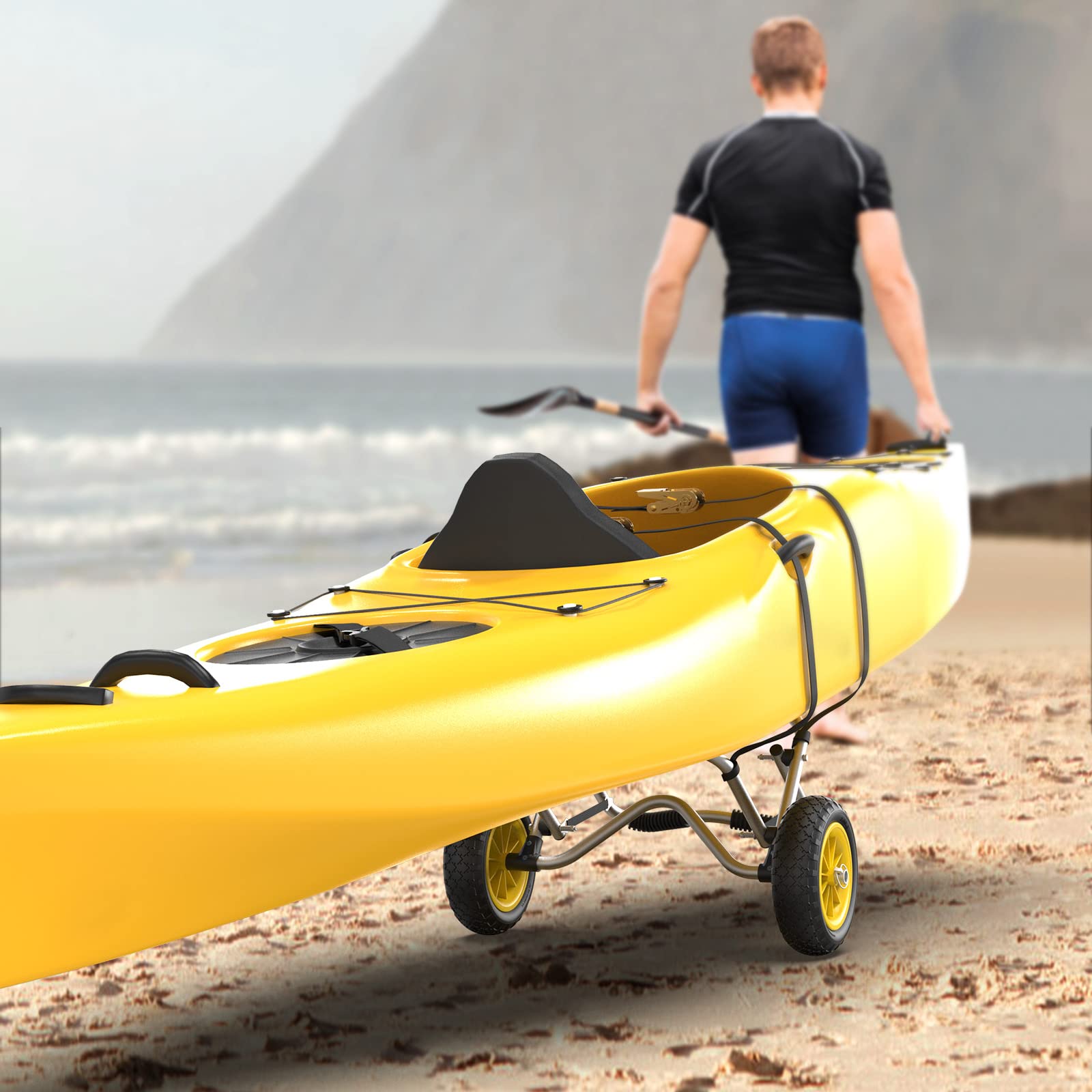 Bonnlo CART-CANOE Kayak Boat Carrier Tote Trolley Transport with 2 Ratchet Straps PU Solid Tires Wheel Yellow