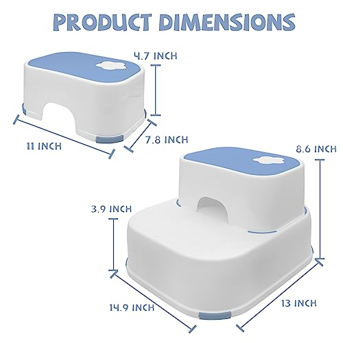TinaJOJO 2 Step Stool for Kids, Toddler Step Stool for Toilet Potty Training, Double up Step Stool for Bathroom, Anti-Slip Sturdy Kitchen Helper Stool (Blue)