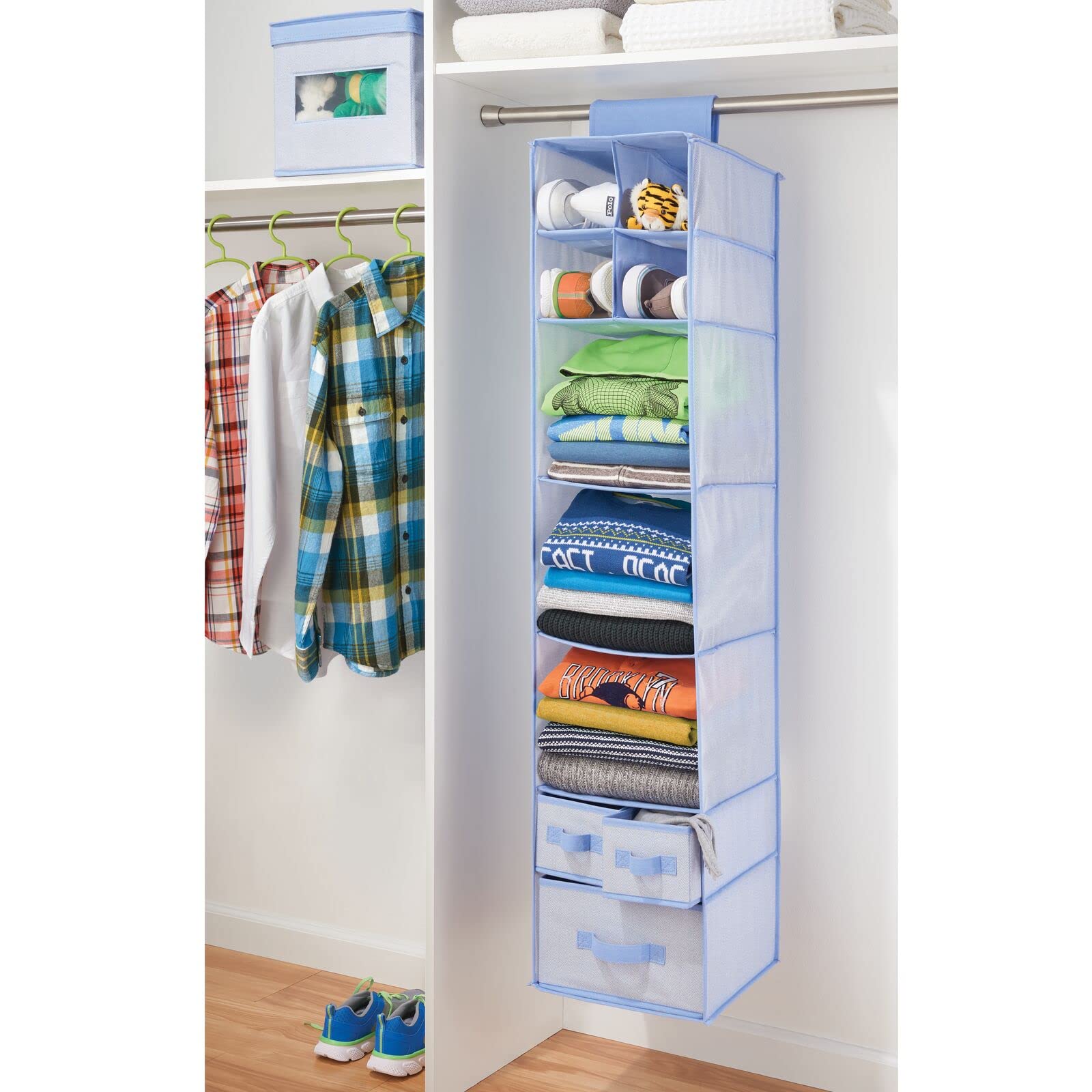 mDesign Soft Fabric Over Closet Rod Hanging Storage Organizer with 7 Shelves and 3 Removable Drawers for Child/Kids Room or Nursery - Herringbone Print - Blue