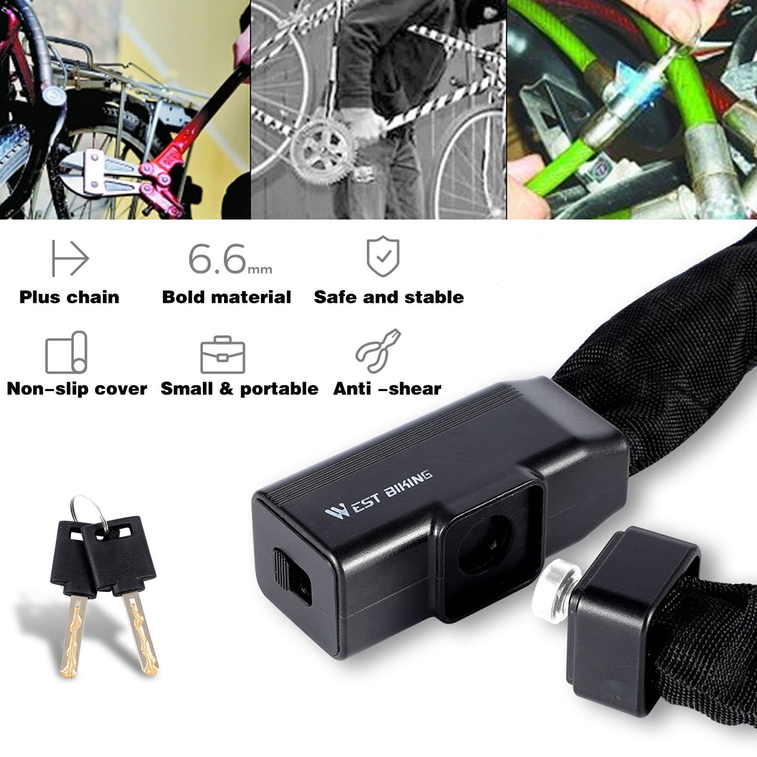 Chain Lock, Bike Lock Chain, Bike Lock Cable, 3.3ft Motorcycle Chain Locks Heavy Duty Bike Chain Locks Security Chain with 2 Key 6.6mm Thick Cut Proof Bicycle Chain Lock for Moped, Scooter, Gates
