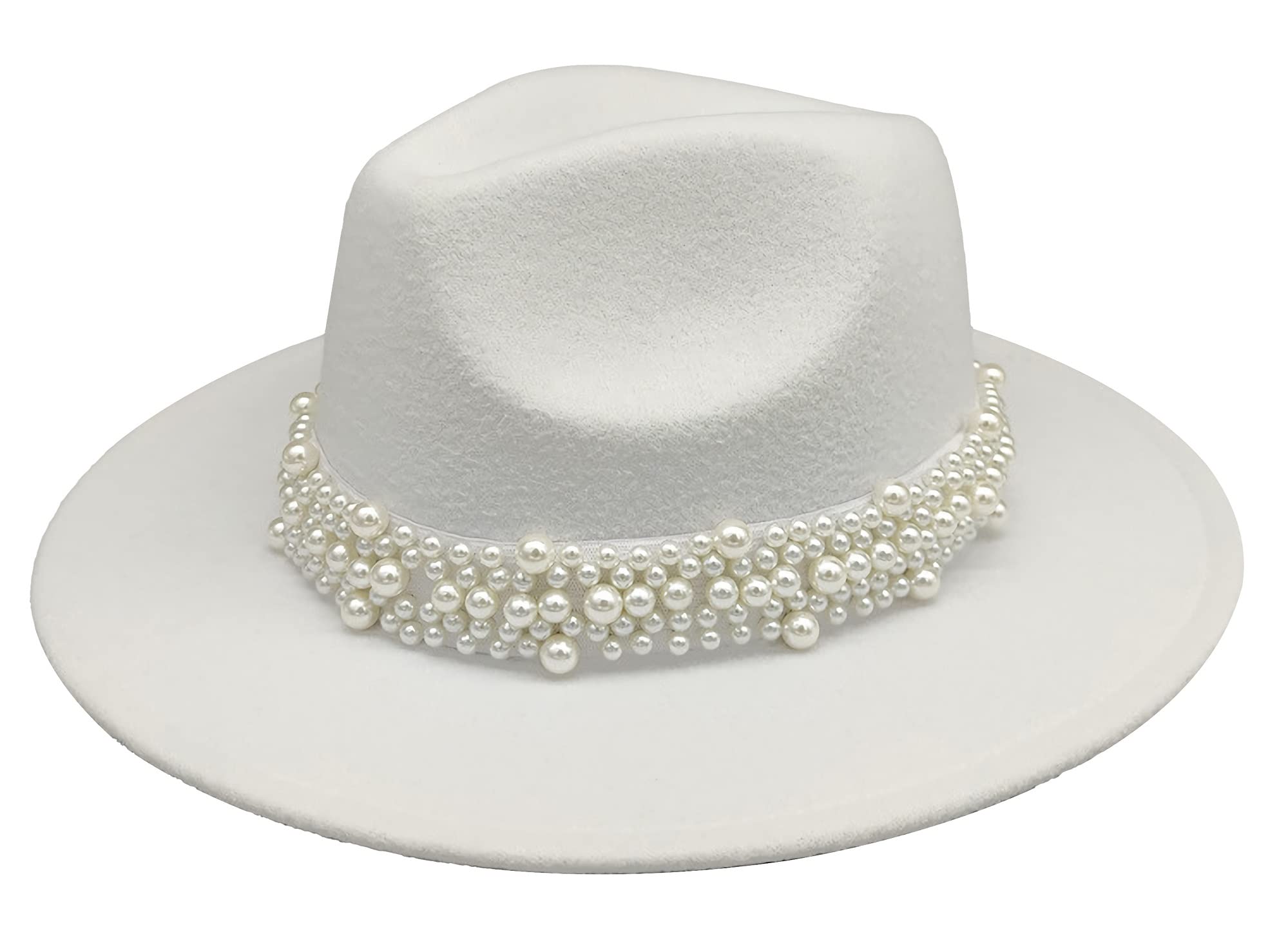 Qkrlamx Black Fedora Hats for Women Wool Panama Hat with Pearl Band Wide Brim Felt Hat Classic Trilby Hat White