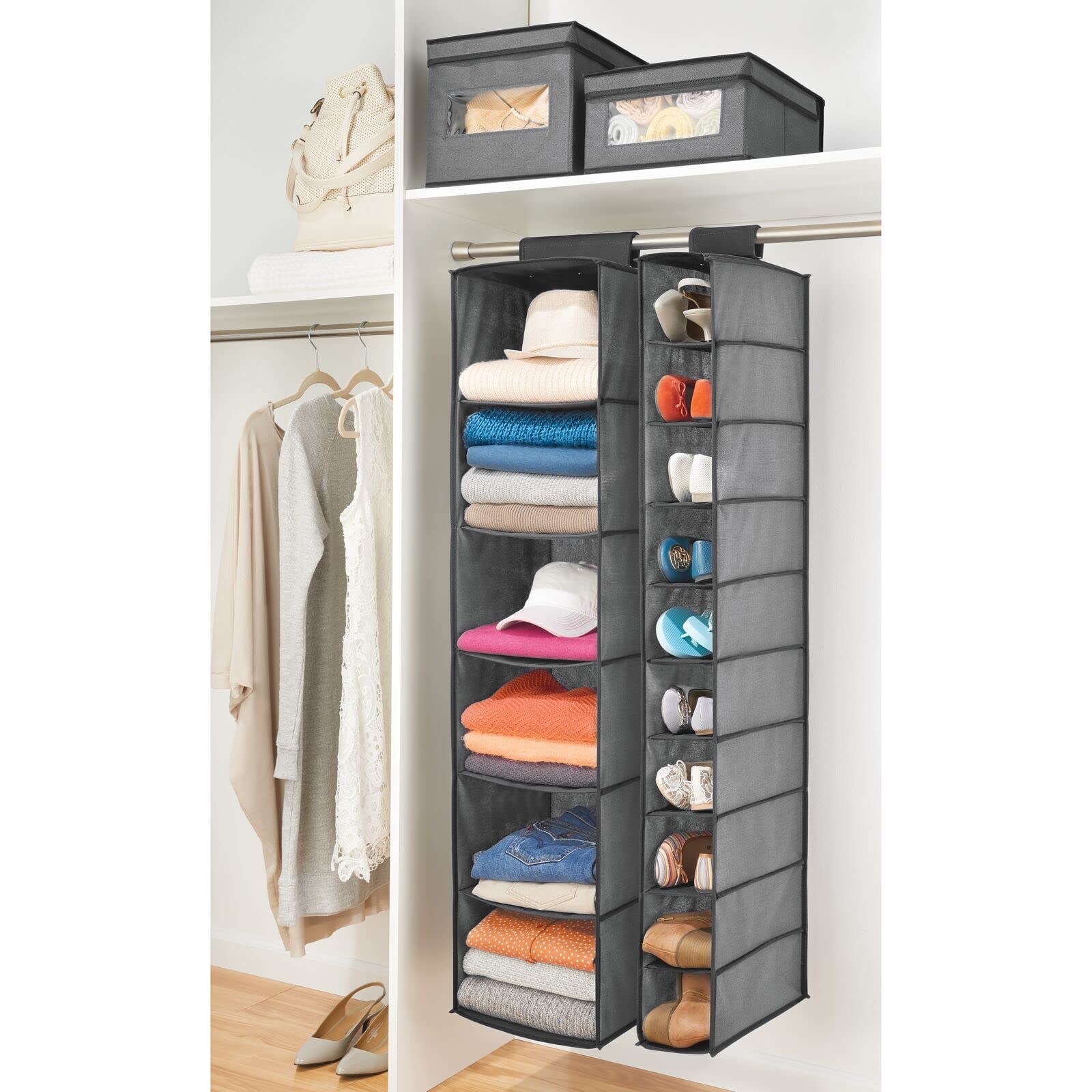 mDesign Soft Fabric Closet Organizer - Holds Shoes, Handbags, Clutches, Accessories - 10 Shelf Over Rod Hanging Storage Unit - Textured Print - 2 Pack - Charcoal Gray/Black