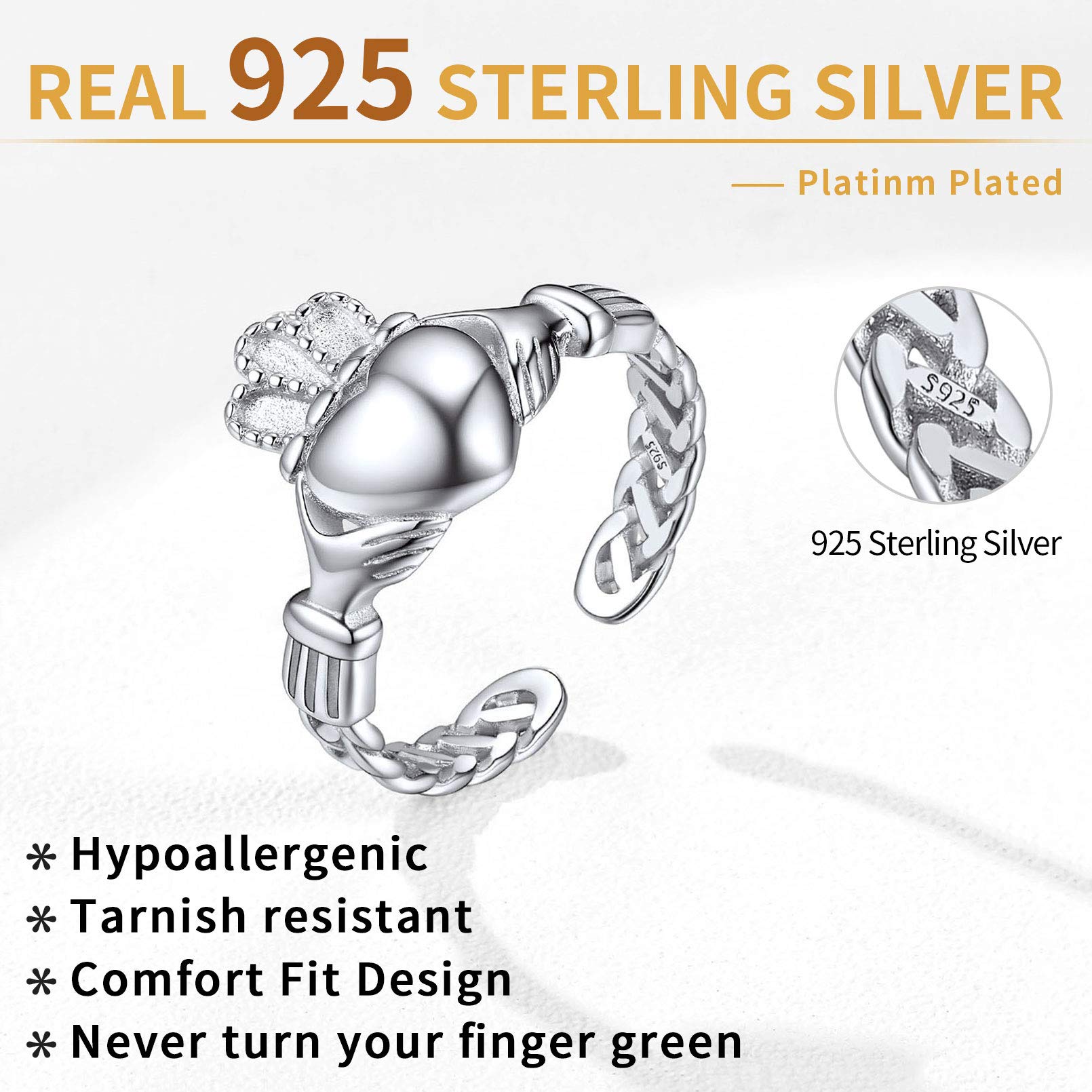 ChicSilver Irish Claddagh Ring 925 Sterling Silver High Polished Traditional Claddagh Celtic Knot Eternity Wedding Band Ring Adjustable