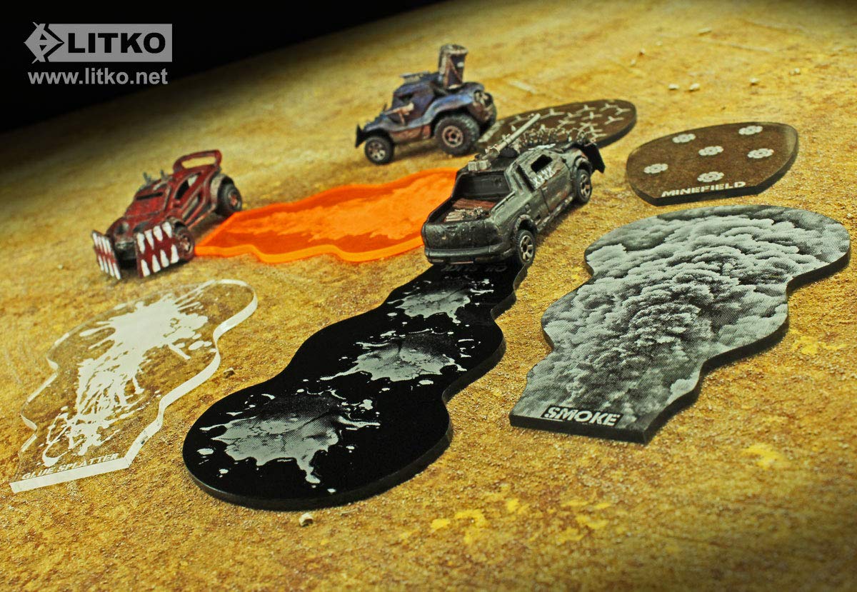 LITKO Dropped Weapon Area Effects Templates Set | Compatible with Gaslands Miniatures Game | Smoke | Glue | Caltrops | Mine Field | Flame Thrower | Oil Slick | (Variety Pack)