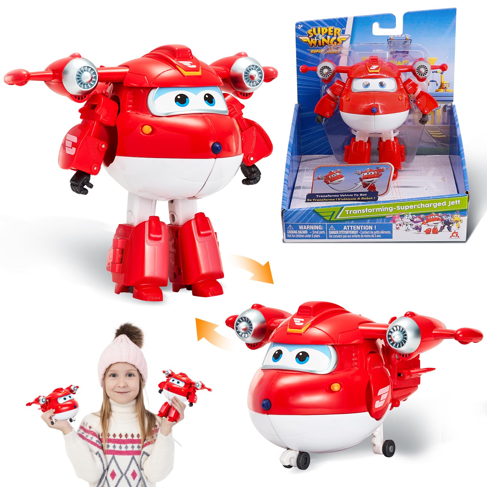 Super Wings 5" Transforming Supercharged Jett Airplane Toys, Action Figure, Airplane to Robot, Season 4 Transformer Toys, Gifts for 3+ Year Old Kids, Toys Plane Vehicle for Preschool Kids Play White