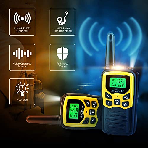 Walkie Talkies with 22 FRS Channels, MOICO Walkie Talkies for Adults with LED Flashlight VOX Scan LCD Display, Long Range Family Walkie Talkie Radios for Hiking Camping Trip (Yellow, 10 Pack)