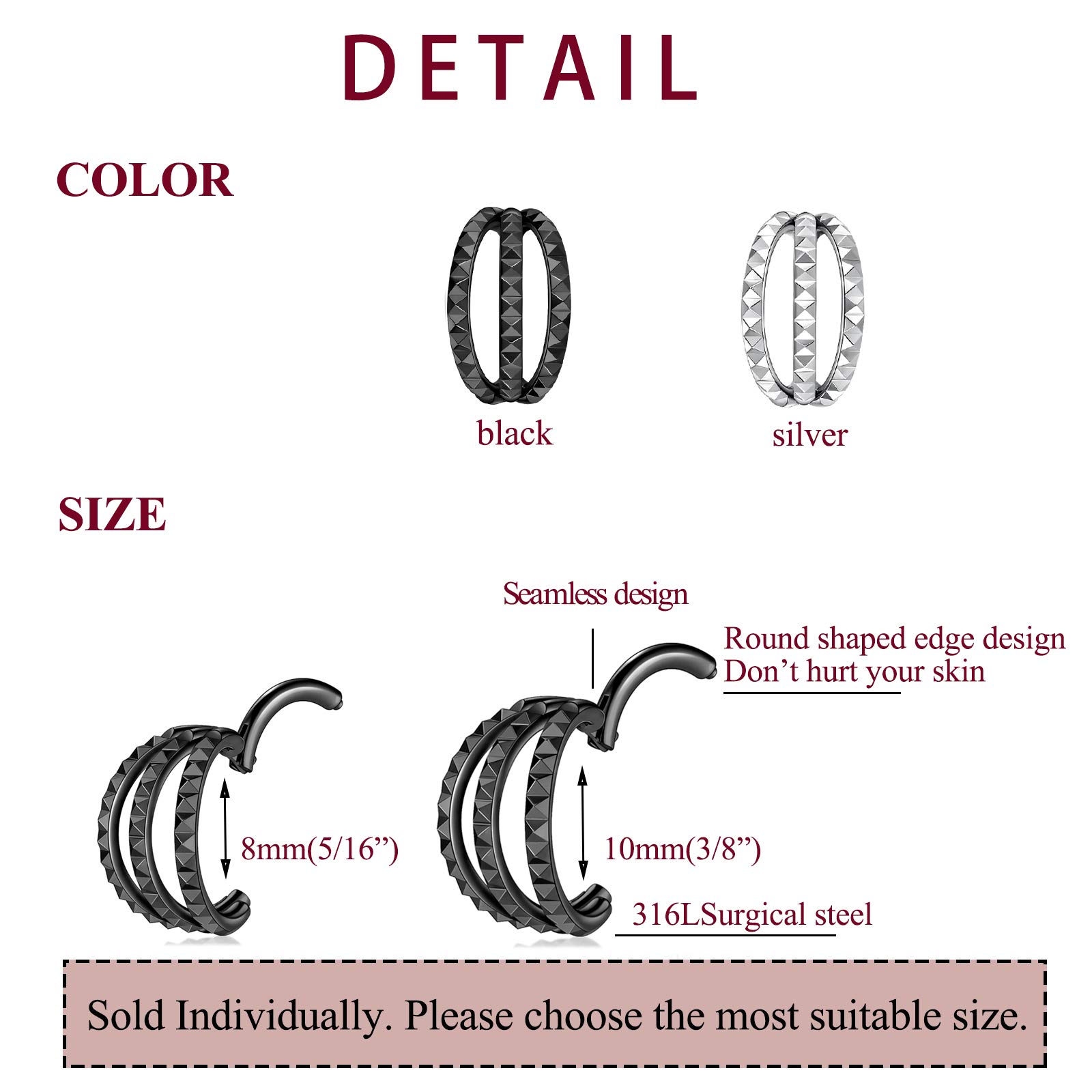 CICIMOTO Nose Ring Hoop 16G Triple Stack Septum Rings Surgical Steel Tragus Earrings Hinged Segment Clicker Daith Helix Conch Rook Lobe Ear Piercing Jewelry for Women Men,Black