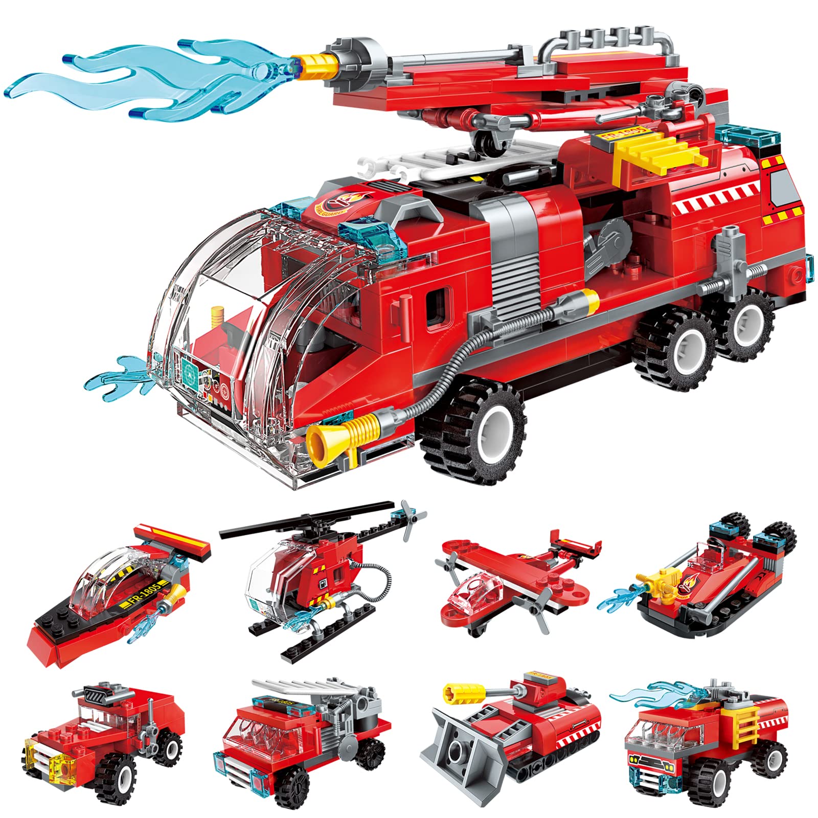 QLT QIAOLETONG City Fire Truck Building Kit for Kids 6-12 Years Old, Compatible with City Fire Truck 8-in-1 Building Block, Fire Helicopter Toys Building Sets.(313 PCS)