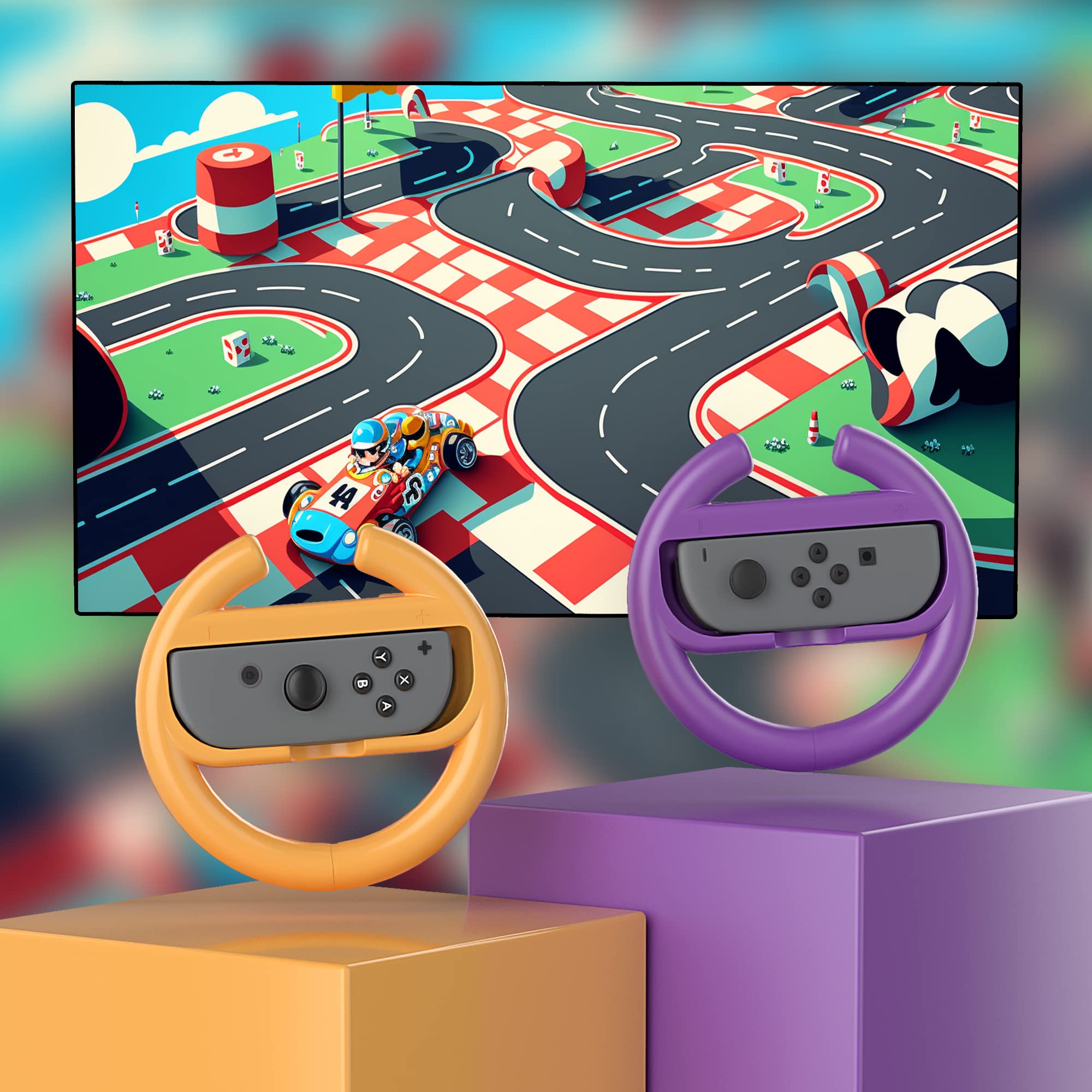 TALK WORKS Steering Wheel Controller for Nintendo Switch 2 Pack - Switch Racing Games Accessories Joy Con Controller Grip for Mario Kart - Purple/Orange