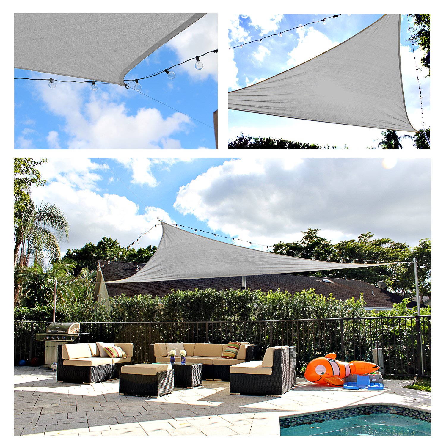 KHOMO GEAR Triangle Sun Shade Sail 16x 16 x 16 Ft UV Block Fabric - Grey