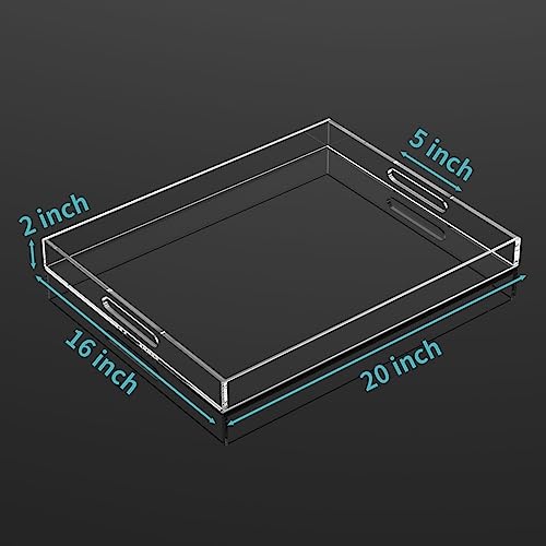 HIIMIEI Acrylic Tray, 16x20 Inches Clear Tray, Acrylic Serving Tray with Handles for Ottoman, Coffee, Appetizer, Breakfast, Bathroom (Clear)