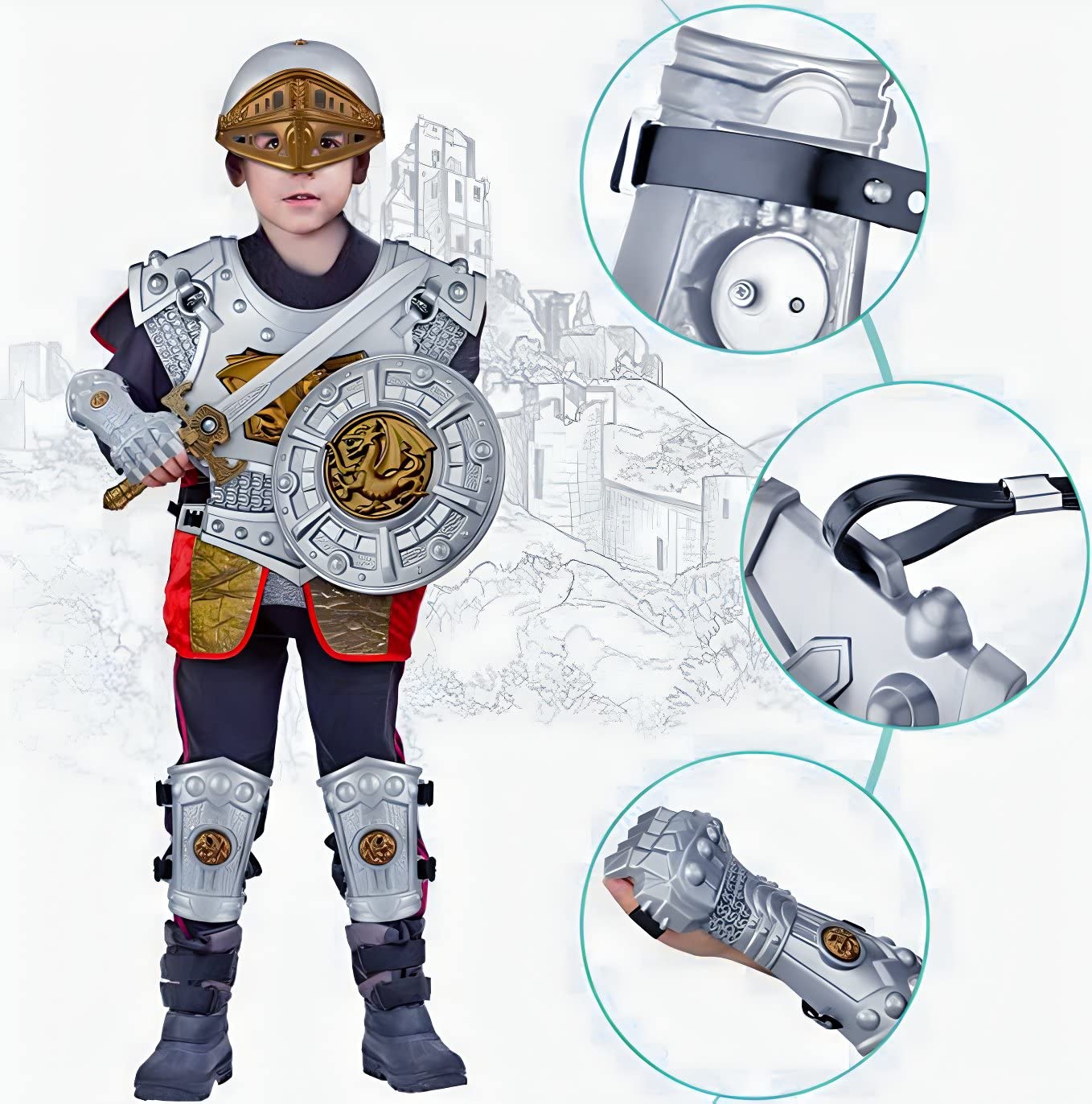 Medieval Knight in Shining Armor, Kids Crusader Pretend Role Play Plastic Costume Dress Up Cosplay with Toy Swords, Axe, Shield, Weapons & Accessories Playset