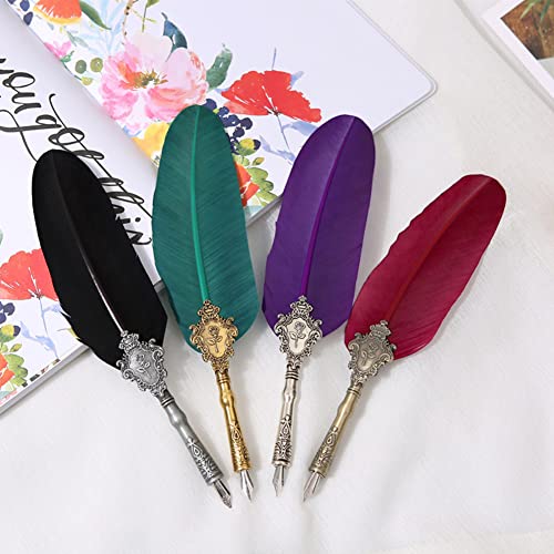 Retro Feather Pen Set, Writing Quill Pen Calligraphy Dip Pen Ink Set Luxury Vintage Signature Fountain Pen Gift Kit with Pen Stand and Replacement Nibs Valentine Day Christmas Birthday Gift Black