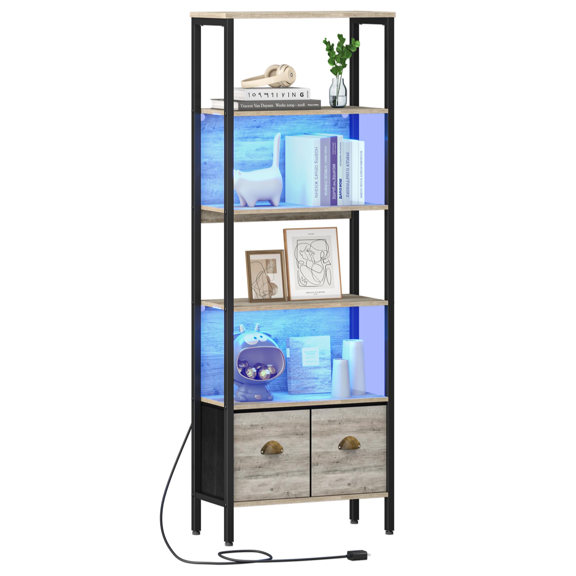 Hzuaneri 6 Tier LED Bookshelf with 2 Storage Drawers, Dimmable Display Bookcase, Storage Shelf with Metal Frame, Coner Shelf for Home Office, Living Room, Bedroom, Rustic Brown and Black BC23701B