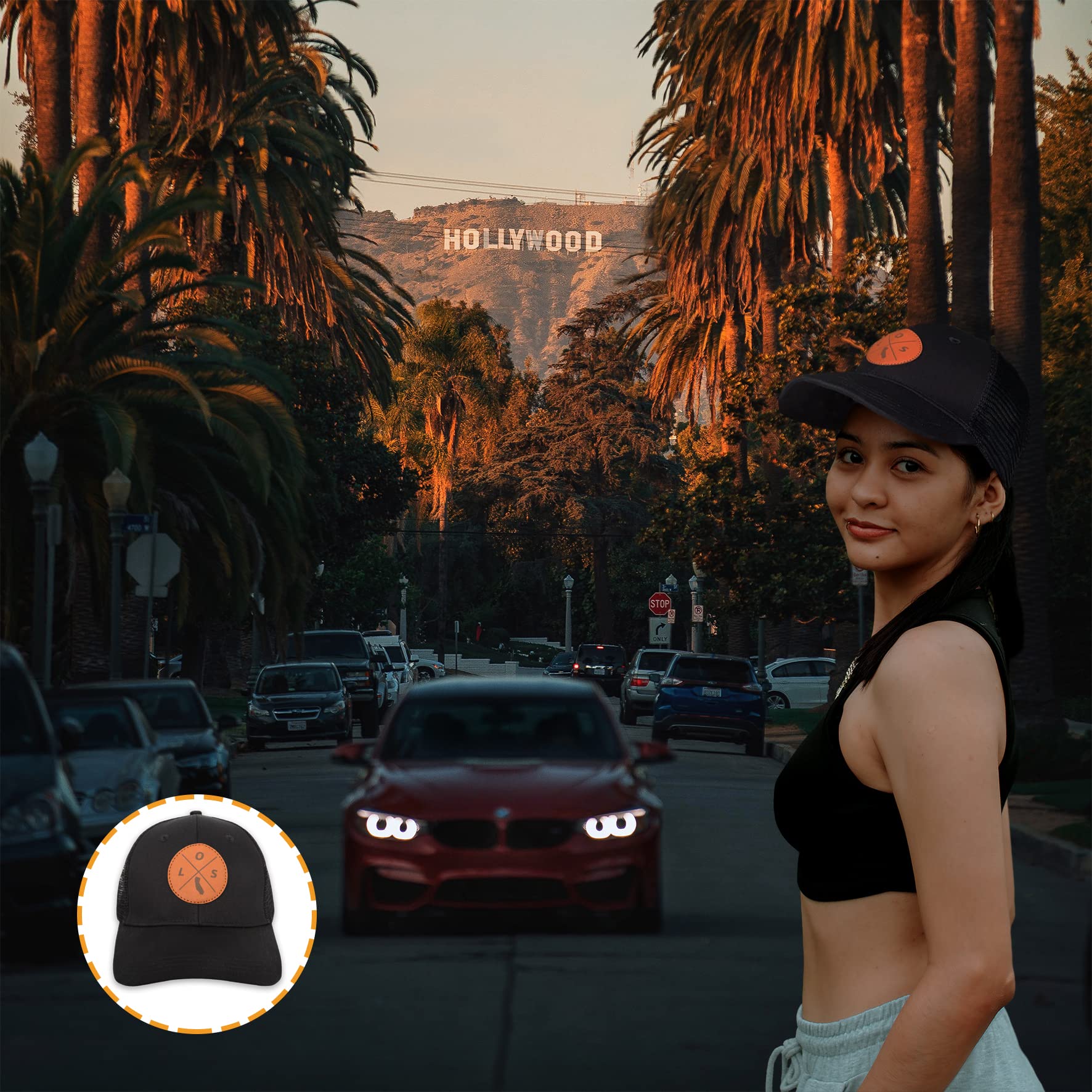 Cokhzug Los Angeles Hat Leather Patch Trucker Hat for Men Women-Snapback Hats for Men Women- Black Adjustable Mesh Outdoor Baseball Cap