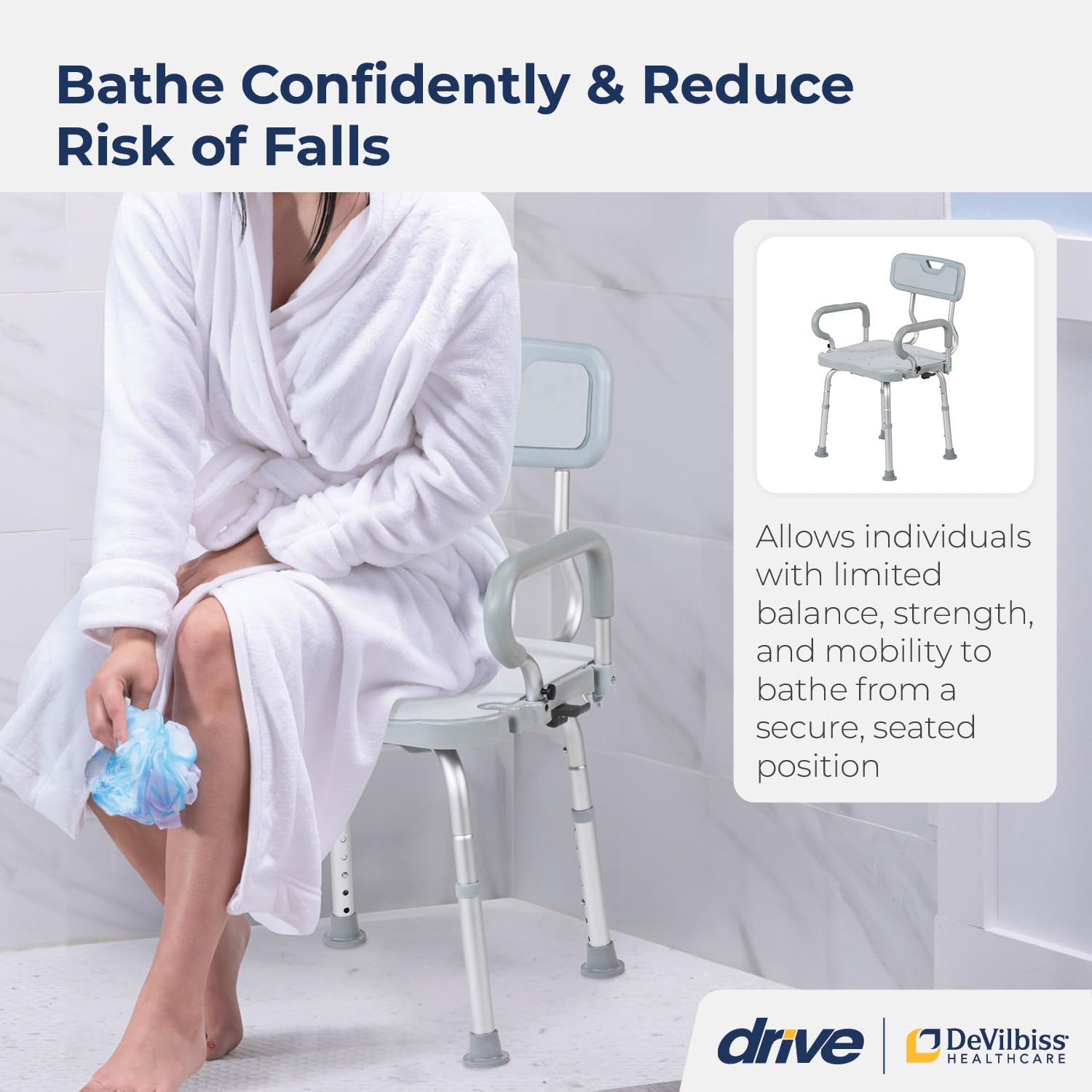 Drive Medical PreserveTech 360-Degree Swivel Shower Chair with Arms & Back, Grey