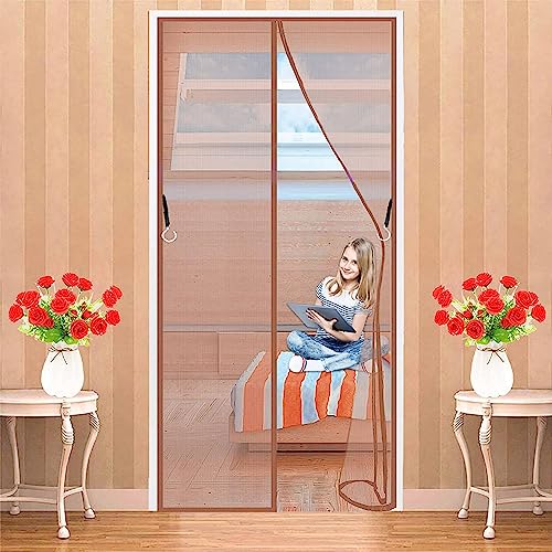 Magnetic Screen Door, Screen Size 39x94in/100x240cm(Width*Height) Durable Mesh Curtain Sliding Door Mesh with Full Frame-Brown
