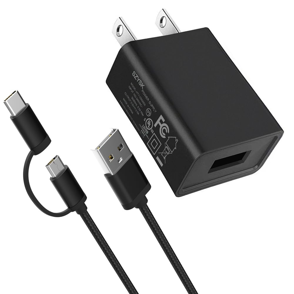 UL Listed Fast Charger for All Kindle Fire Tablets with 6.6Ft USB to Micro-USB and USB-C 2IN1 Nylon Braided Cable (Designed for use with All Fire Tablets and All Kindle E-Readers) (10W)