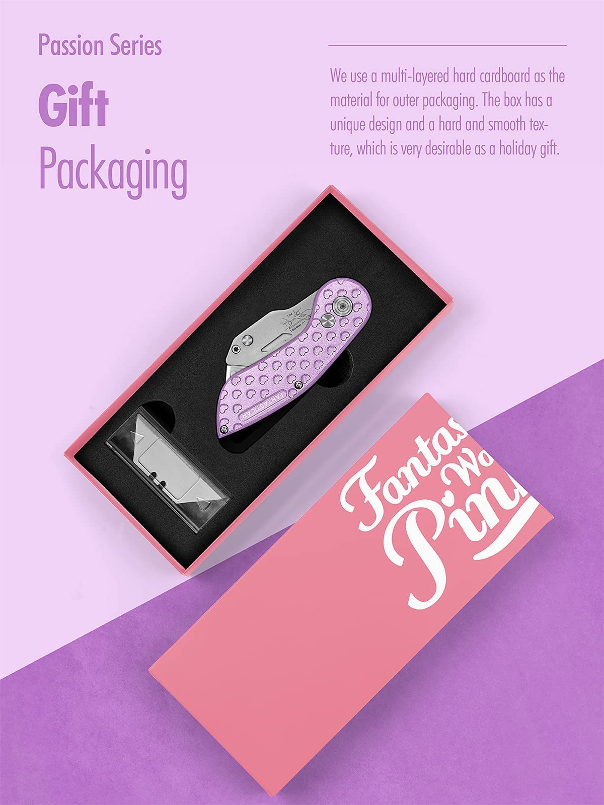 FantastiCAR Fancy Folding Utility Knife Box Cutter Set with Extra Blades (Pink and Purple)