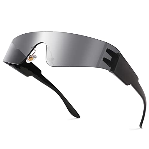 NULOOQ Y2K Rimless Futuristic Wrap Around Sunglasses Women Men, Trendy Cyberpunk Visor Sunglasses Monoblock Cyclops Shades (Black Frame/Gray Lens)