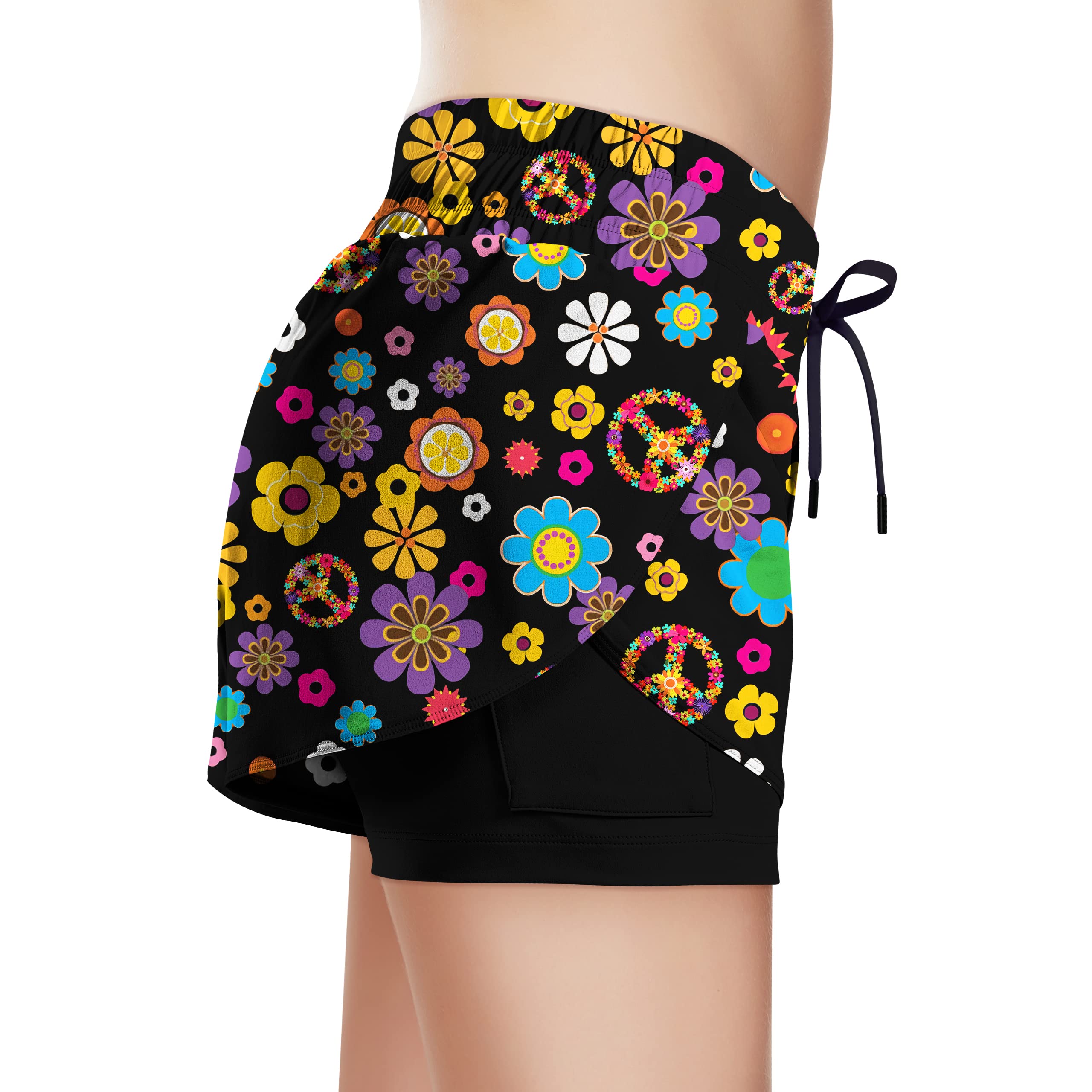 CHILL·TEK Women's 70's Groovy Flowers 2 in 1 Athletic Running Shorts with Liner Quick Dry Workout Yoga Gym Shorts with Phone Pocket