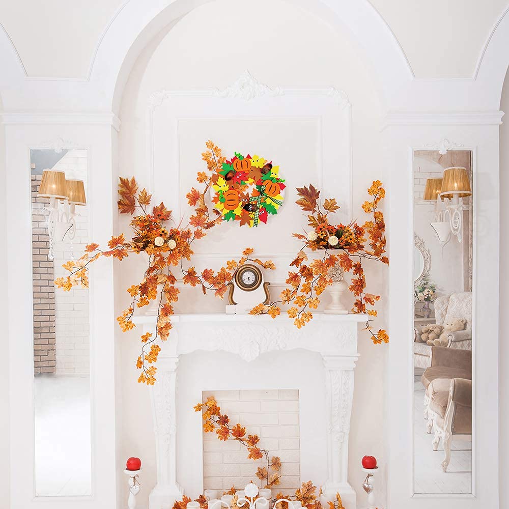 Supla 12 Kits 3D Pumpkin Fall Leaf Wreath Craft Kit DIY Thanksgiving Wreath with Maple Leaves Acorns Bows Wiggle Eyes for Kids Crafts Fall Thanksgiving Halloween Seasonal Decoration