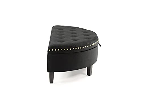 Iconic Home Jacqueline Half Moon Storage Ottoman Button Tufted Velvet Upholstered Gold Nailhead Trim Espresso Finished Wood Legs Bench Modern Transitional Black