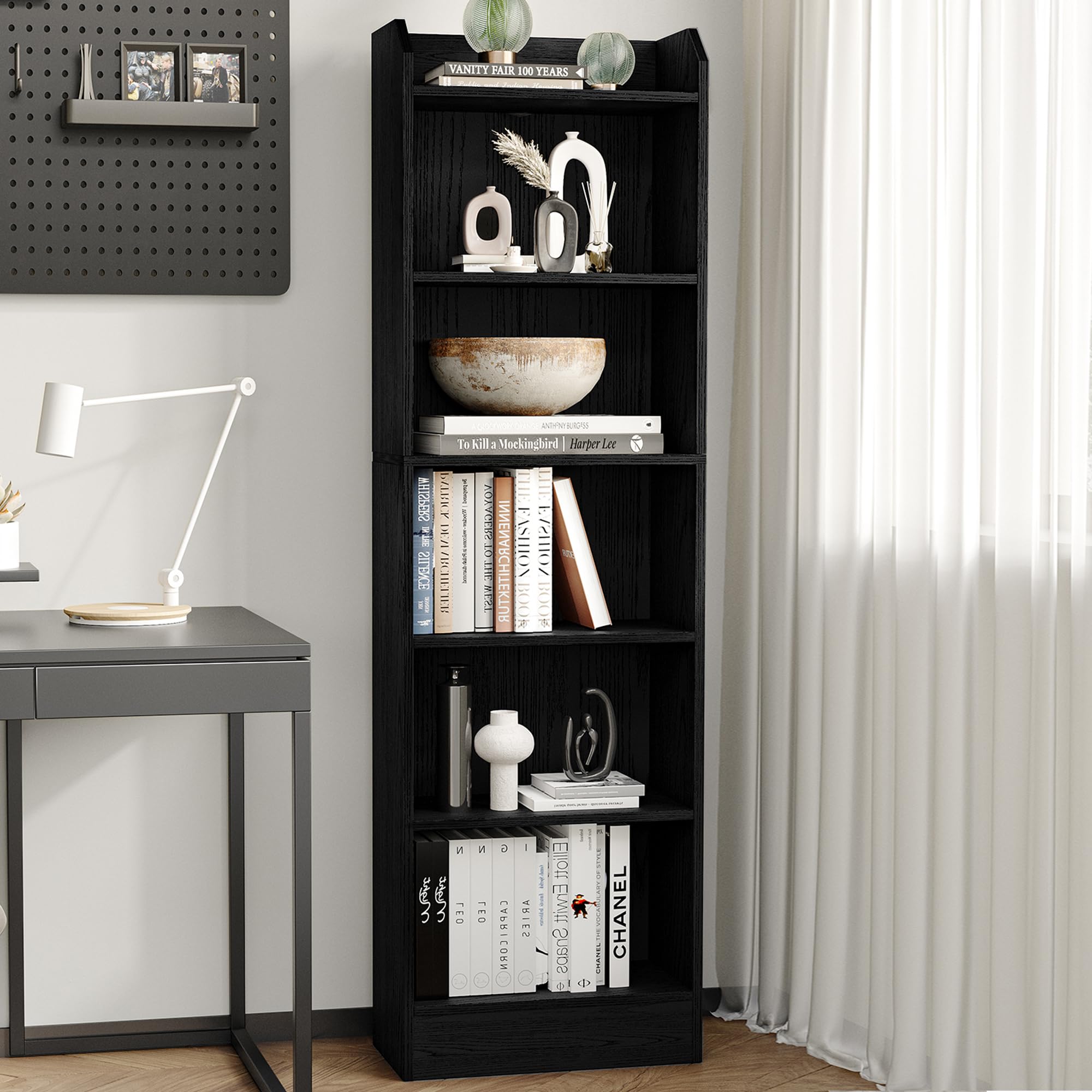Hzuaneri 6-Tier Bookshelf, 66.7 Inches Floor Standing Bookcase, Display Storage Shelf, Corner Shelf, Home Decor Furniture for Home Office, Living Room, Bedroom, Black 02904XBC