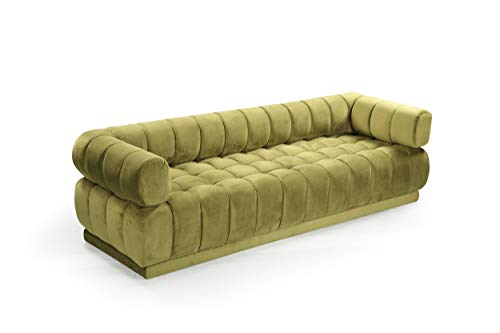 Iconic Home Quebec Sofa Velvet Upholstered Vertical Channel-Quilted Shelter Arm Tufted Design Modern Contemporary, Green