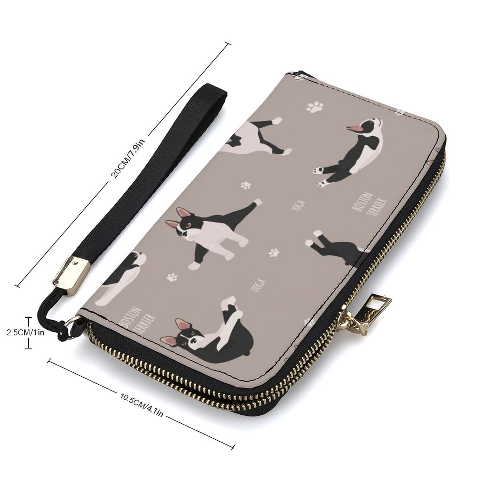 QSMX Women's Clutch Wallet Bag,Boston Terrier Dog In Paw Prints Long Leather Wallets with Wristlet Strap Zipper Around Credit Card Holder GIft-TPU Durable Shockproof Lightweight Waterproof