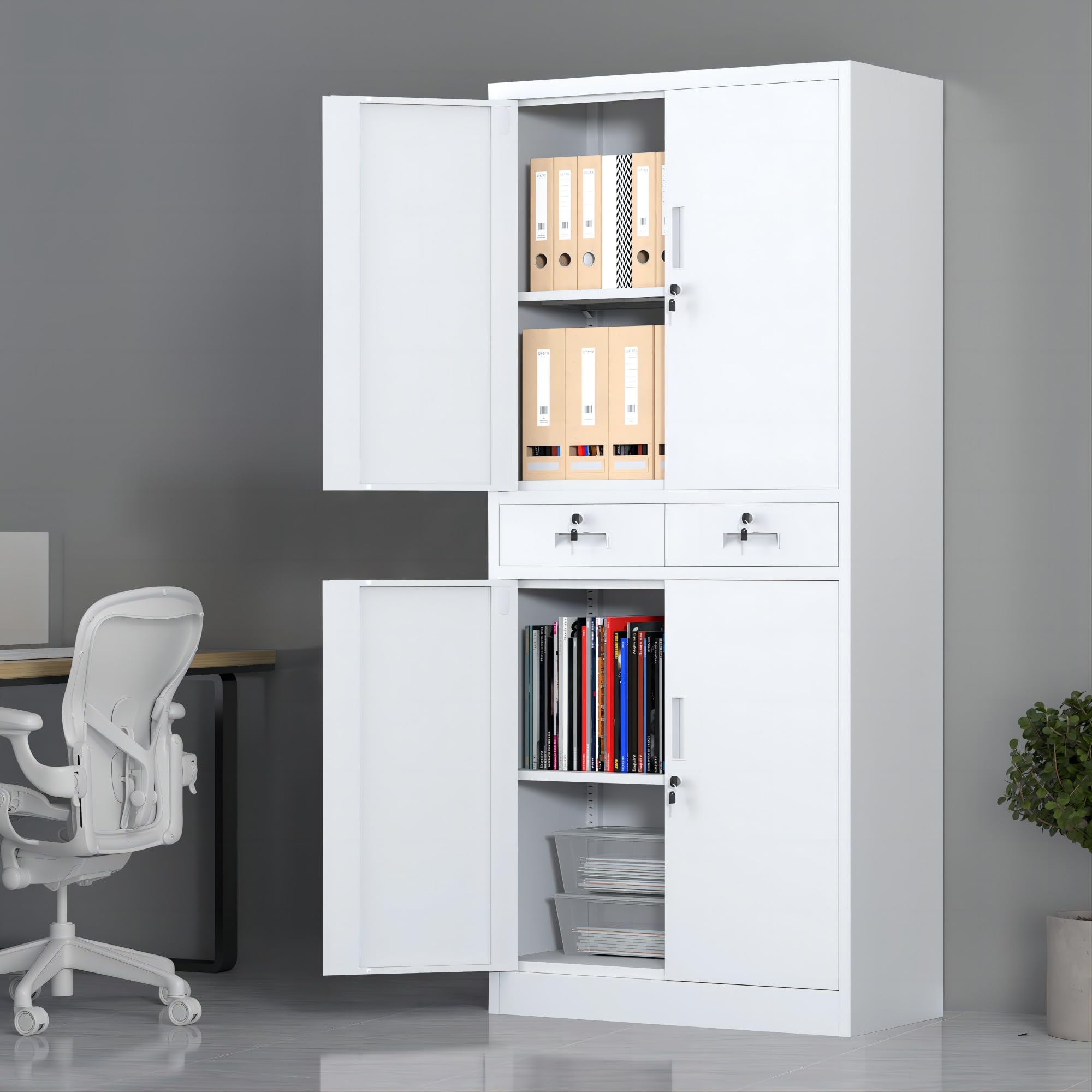 JINGUR Metal Storage Cabinet with Locking Doors and 2 Drawers, Lockable Steel Storage Cabinets with Adjustable Shelves for Home Office Garage Kitchen Pantry (Black)