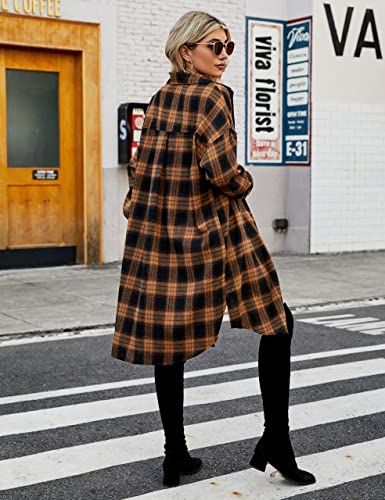 Blooming Jelly Women's Button Down Flannel Shirts Plaid Shacket Long Sleeve Collared Long Jacket Coats（XLarge,Brown Plaid）