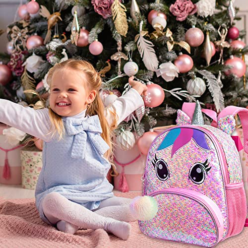 gxtvo 3PCS Unicorn Backpack for Girls, Toddler Sequin Preschool Bookbag, 12.5" Cute Cartoon Animal Schoolbag