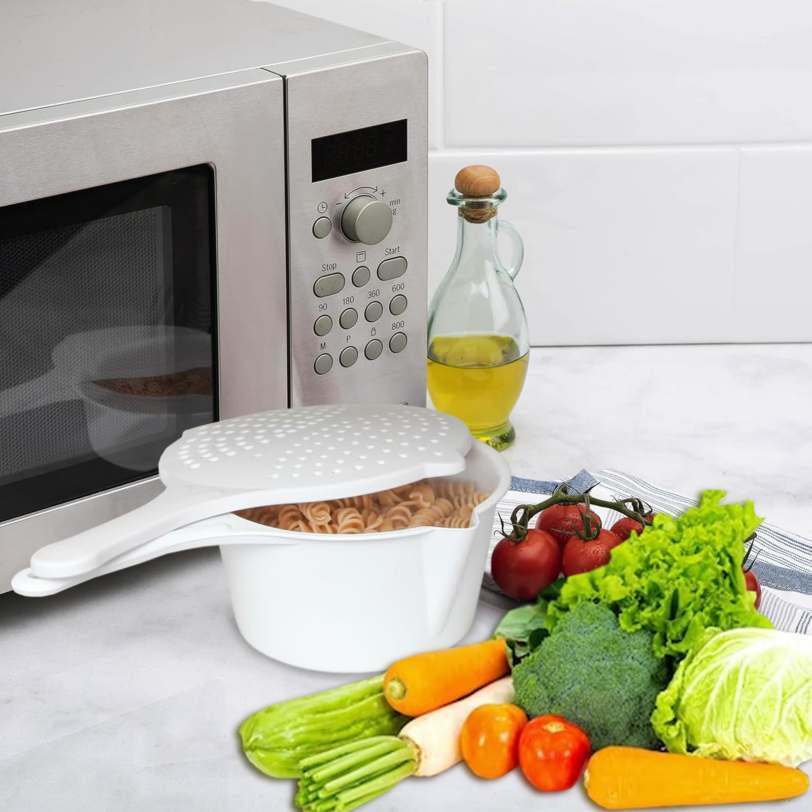 Home-X Microwave Cooking Pot with Strainer Lid - Microwave Steamer for Vegetables with Perforated Lid and Pouring Spout - Convenient, BPA-free Microwave Cookware for Macaroni and Vegetables