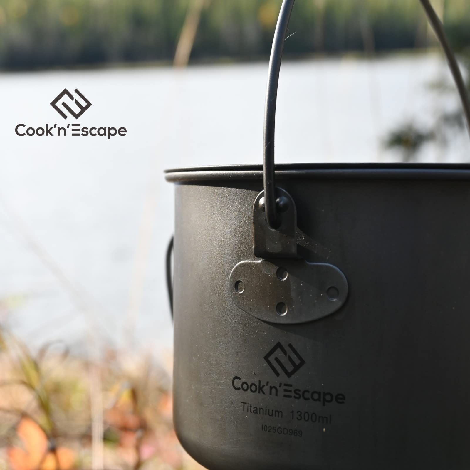 COOK'N'ESCAPE 1950ml Titanium Hanging Pot Camping Cooking Pot, 2 in 1 Ultralight Cookware Pot and Pan Set with Folding Handle for Outdoor Cookset Open Over Fire Hiking Backpacking