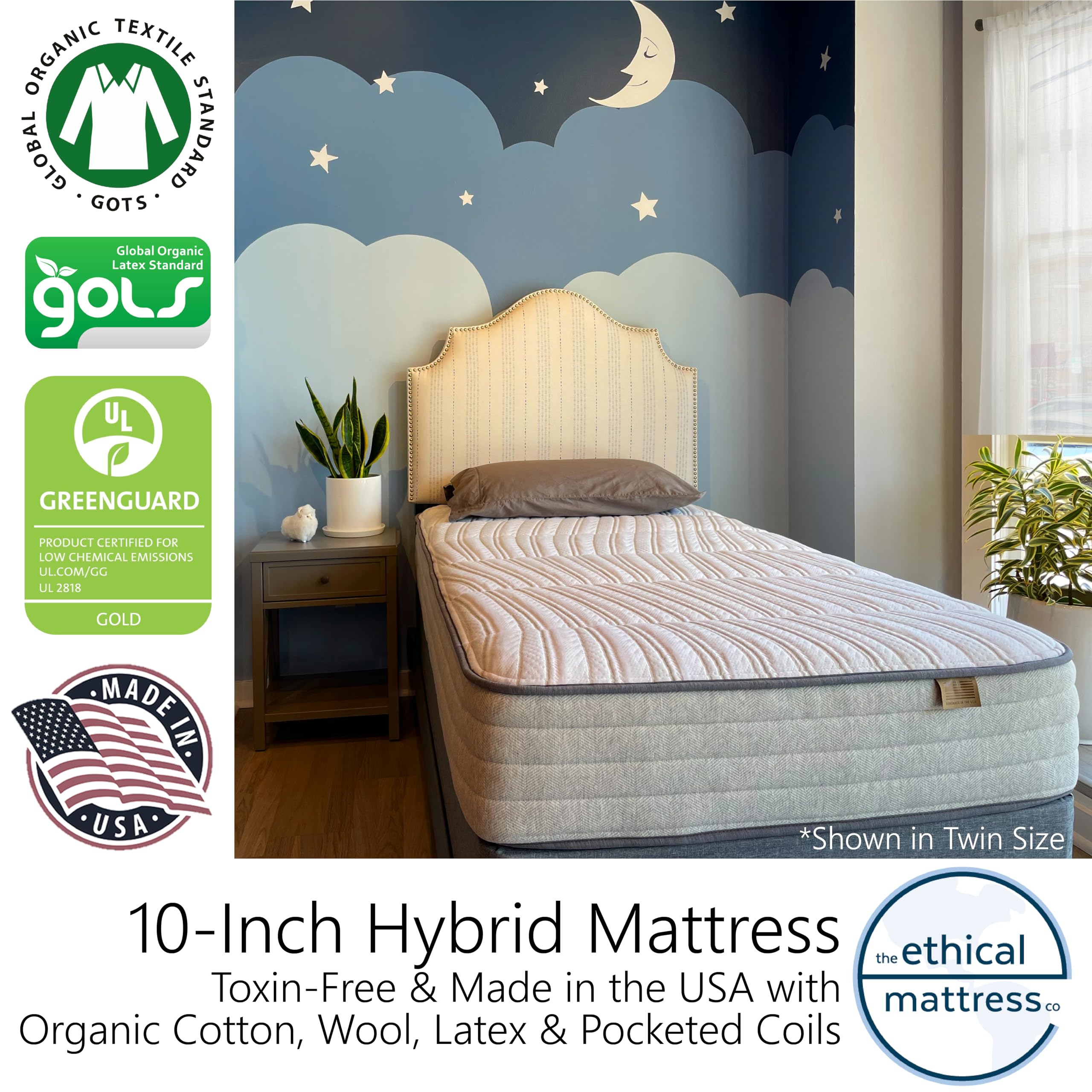 Ethical Mattress CO 10" Toxin-Free Hybrid Mattress, Made in USA with Organic Cotton, Wool, Latex & Pocketed Coils (Mattress-in-a-Box) Comfortable & Supportive for All Ages - Queen Size