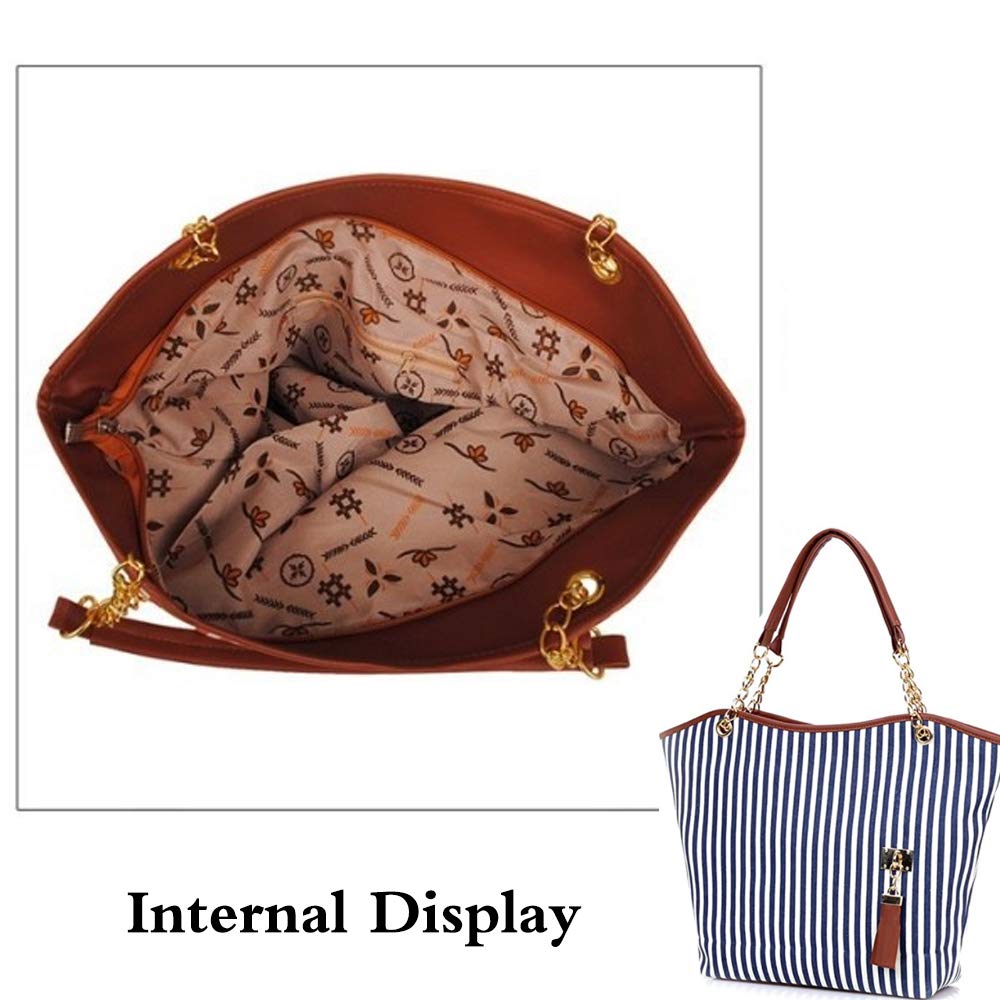 Rullar Women Tassel Canvas Handbag Purse Stripes Tote Fashion Shoulder Bag Large Capacity Satchel(Blue Stripe)