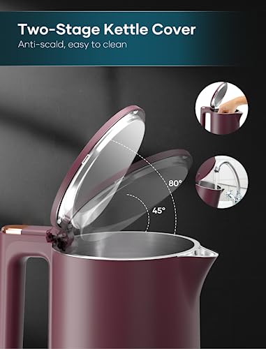INTASTING Electric Kettle for boiling water Double Wall 100% Stainless Steel Inner 1500W Fast Heating 1.5L Hot Water Boiler Auto Shut-Off & Boil Dry Protection BPA-Free Electric Tea Kettle Red