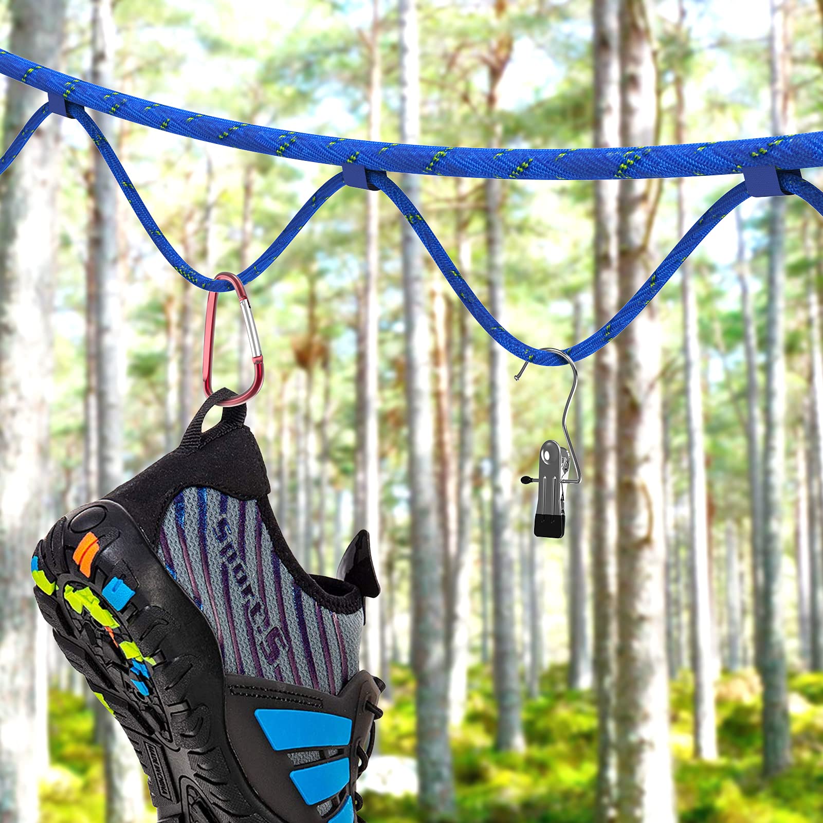 Camping Accessories Campsite Storage Strap, with 2 LED Camping Lights, 16ft Adjustable Tent Camping Lanyard Rope Clothesline, for Outdoor Hammock Hanging Camping Gear and Equipment, Tent Accessories