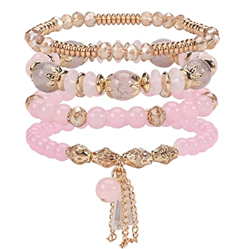 Twinfree 8 Sets Bohemian Stackable Bead Bracelets for Women Multilayered Bracelet Set Pendant Charm Stretch Bangles