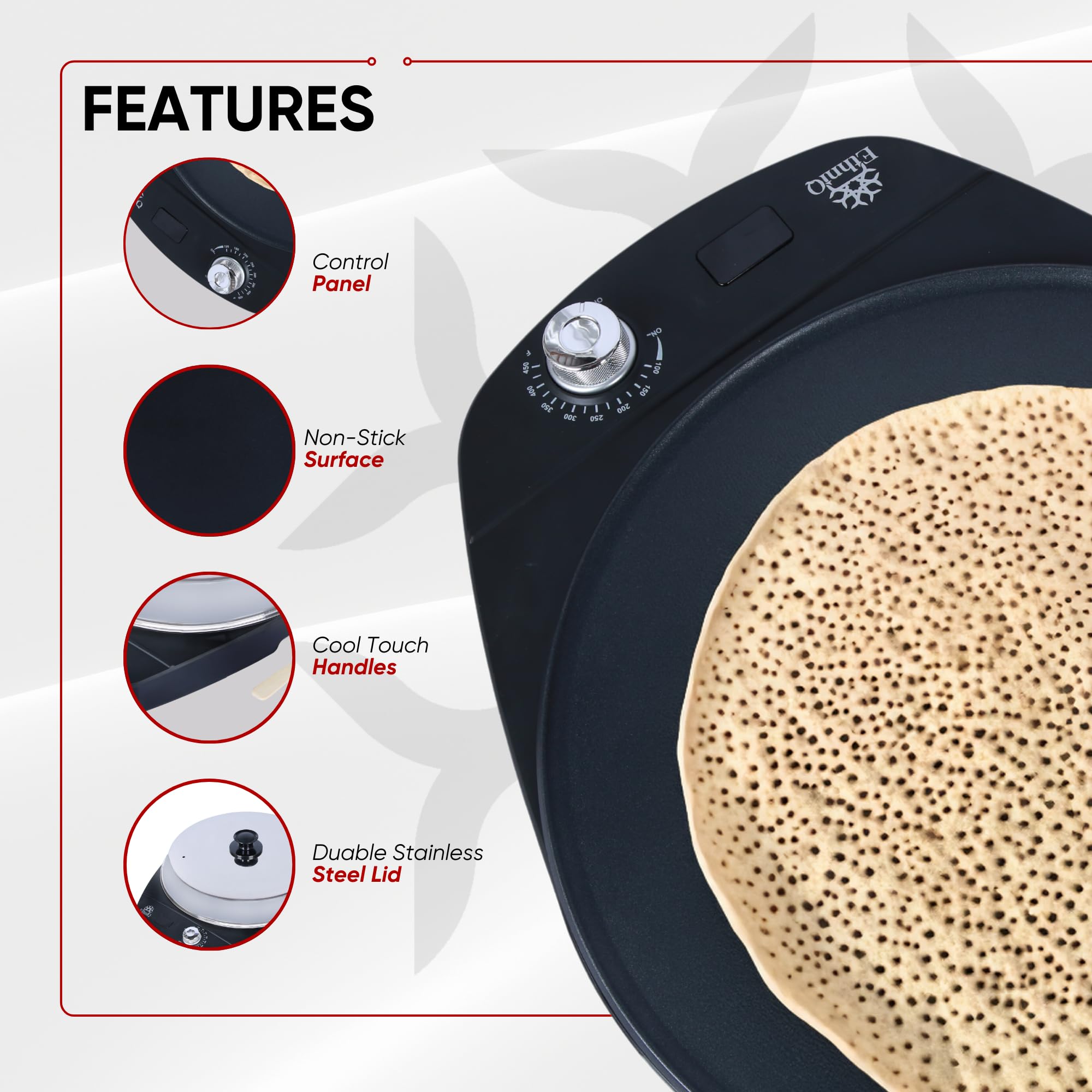 Ethniq 16" Electric Injera Maker - Griddle for Crepe, Ethiopian Mogogo, Anjero, Mitad, Pancake, Teff - Adjustable Heat Control with Digital Screen - Non-Stackable Surface - Even Heat Distribution