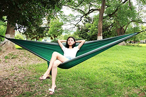 Camping Hammock Double & Single Portable Hammocks Ultralight Nylon Parachute Hammocks with 2 Tree Straps for Backpacking, Travel, Beach, Backyard, Camping, Hiking (Medium, Green Black & Grey)