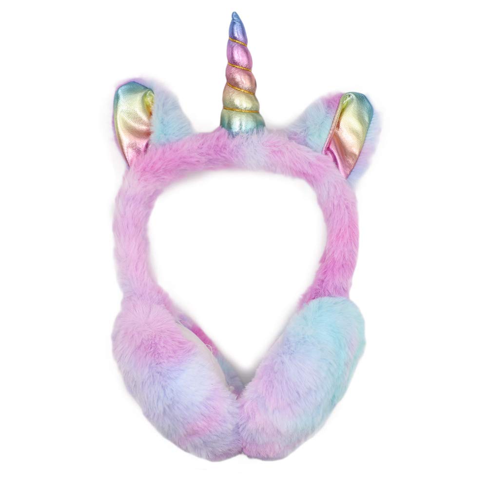 BUTITNOW Cute Rainbow Unicorn Earmuffs for Women Kids Girls, Foldable Warm Soft Plush Comfortable Outdoor Winter Ear Warmers