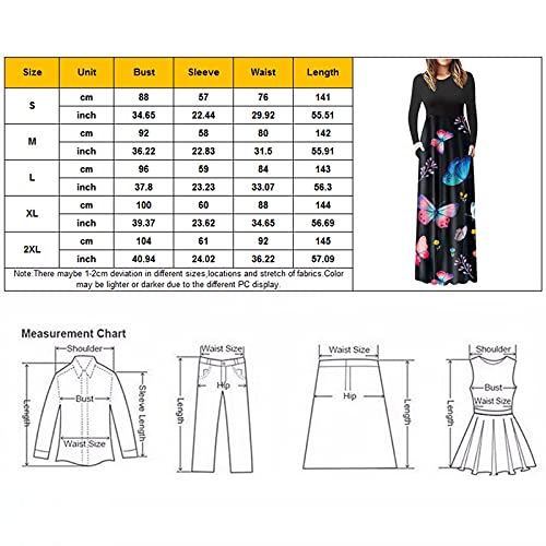 Butterfly Maxi Dress for Women Patterned Pleated Shift Dress Long Sleeve Round Neck Pockets Swing Dress White