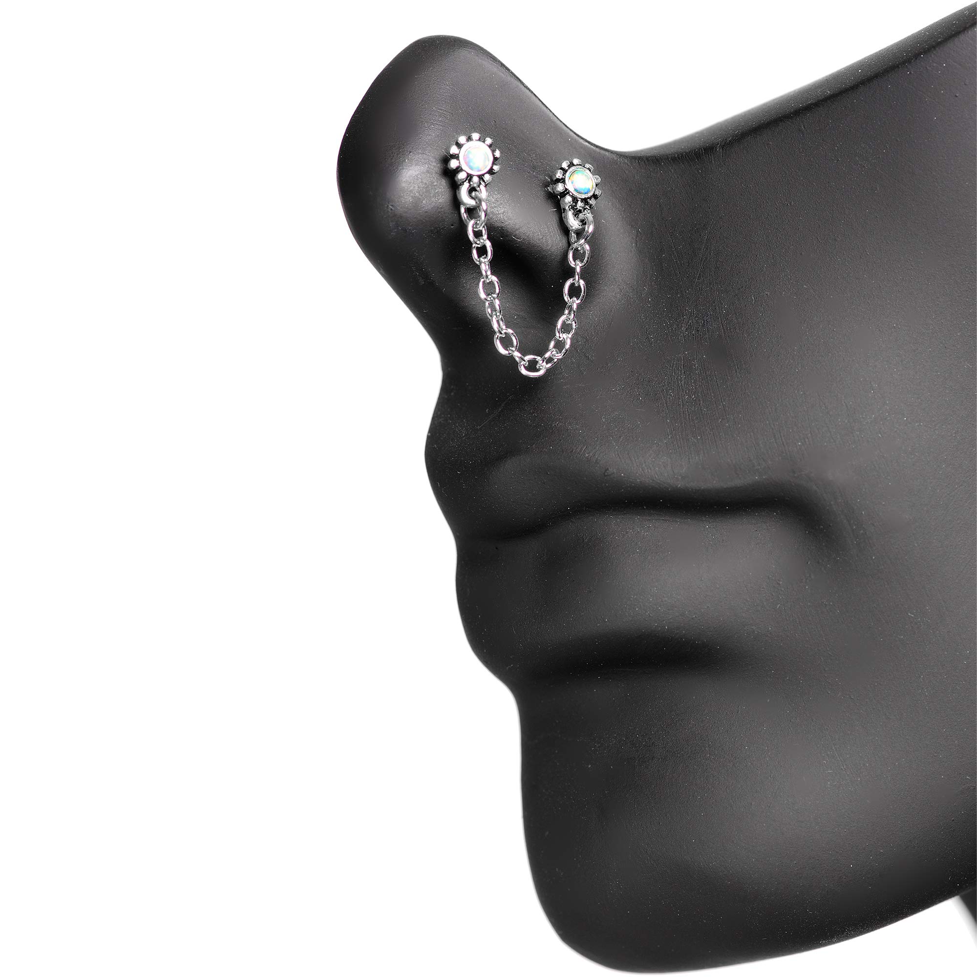 Body Candy 20G Steel Nose Ring White Synthetic Opal Chain Dangle Double Nose Bone Nose Stud Body Jewelry 6mm