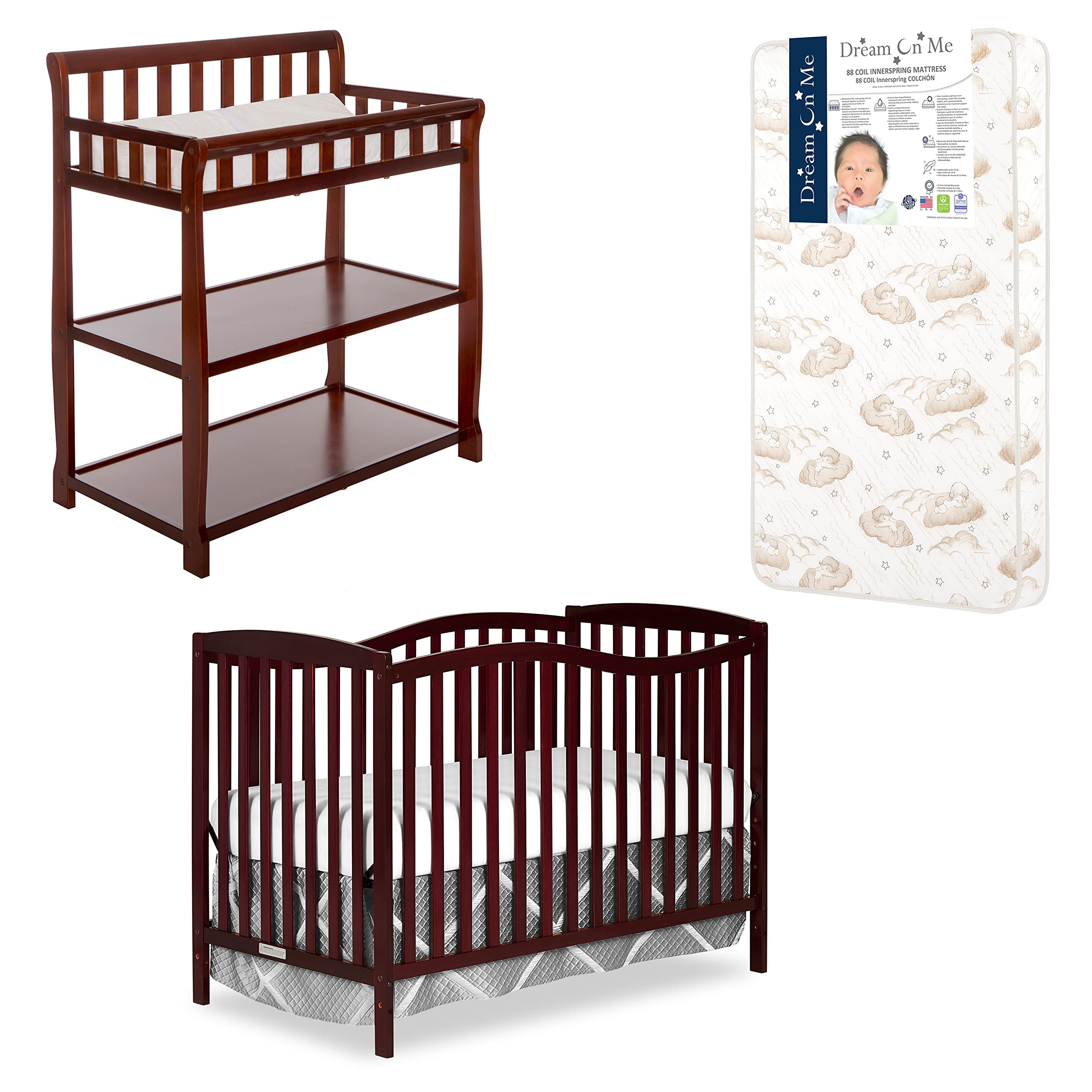 Dream On Me Nursery Essentials Bundle of Dream On Me Chelsea 5-in-1 Convertible Crib, Dream On Me Ashton Changing-Table, with a Dream On Me Twilight 5” 88 Coil Inner Spring Crib and Toddler Mattress