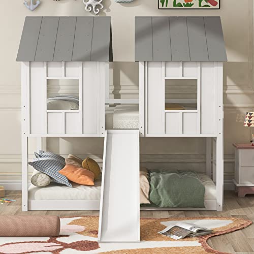 Polibi Twin-Over-Twin Wooden House Bunk Bed with Slide, Windows, Ladder and Guardrails, Twin Size White House Bunk Bed