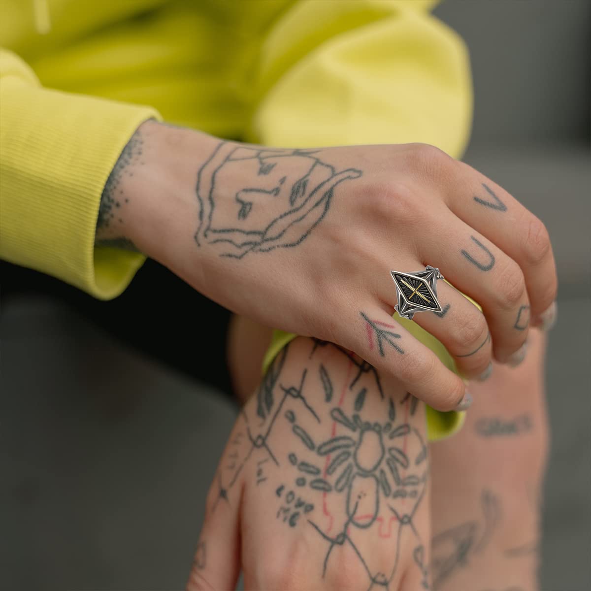 Cool Retro Vintage S925 Sterling Silver Punk Biker Gothic Sugar Cocktail Party Ring for Women Men,Thumb Index Middle Finger Boho Wide Ring Jewelry Gift for Him Her, silver, No Gemstone