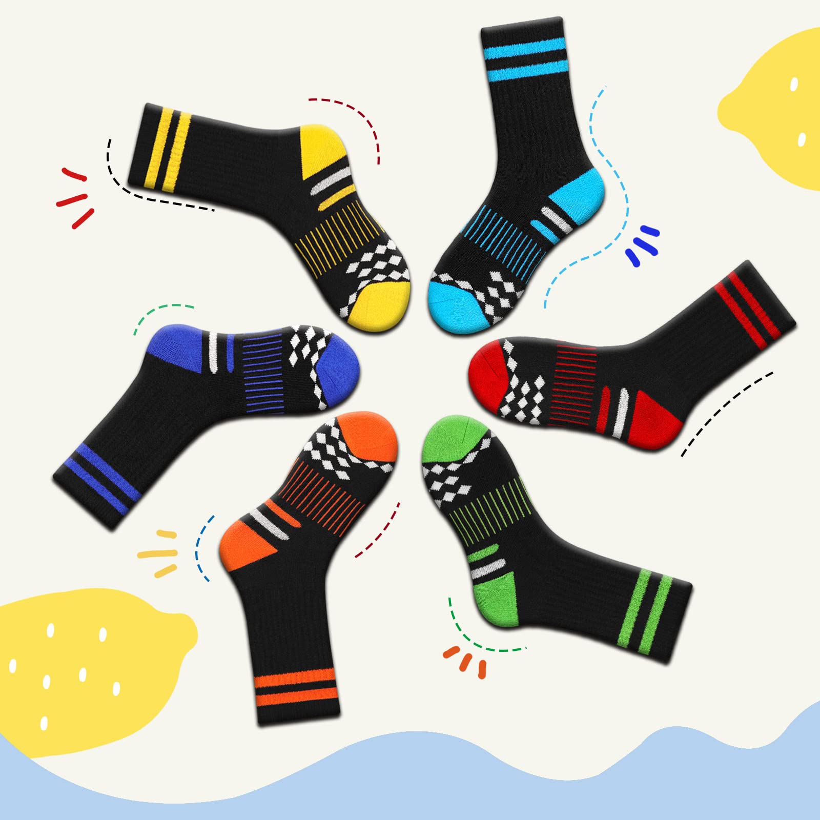 Comfoex Boys Crew Socks 4-6 6-8 8-10 Years Old Athletic Long Socks For Kids Cotton Calf Socks With Cushioned Sole 6 Pairs