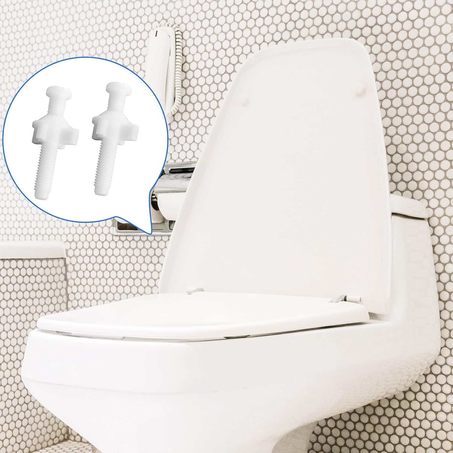 BUWUSMU Replacement Toilet Seat Screws, Kit with Plastic Hinge Bolt Screws, Nuts, and Washers for Top Toilet Seat Repair (White, 4 Pieces)